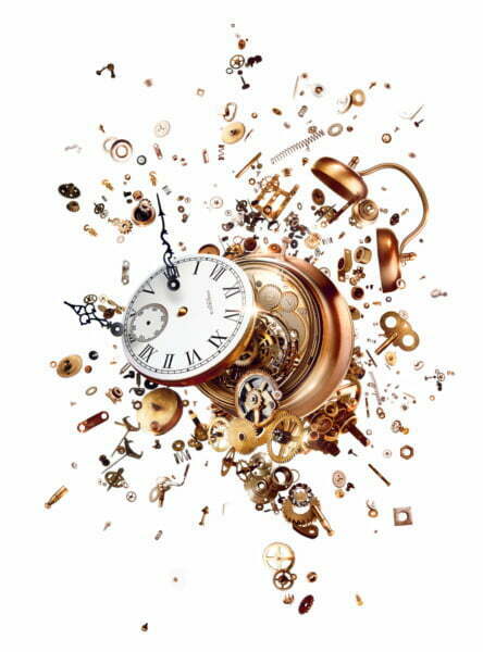 Realistic 2D illustration of clock exploding - Illustration Agent Website